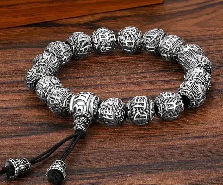 Handcrafted Tibetan Obsidian Beaded Bracelet - Silver Plated Buddhist ...