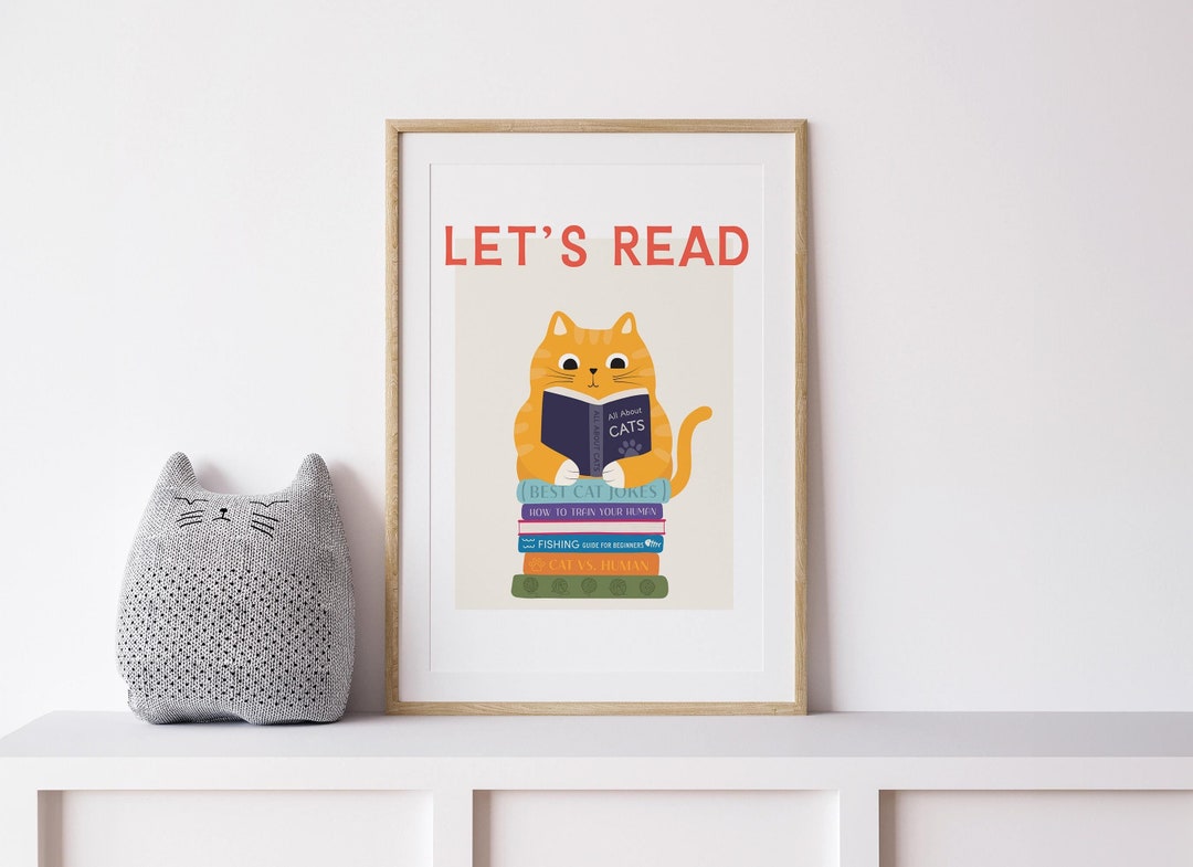 Let's Read Poster, Cute Cat Reading Corner Print, Playroom Classroom ...