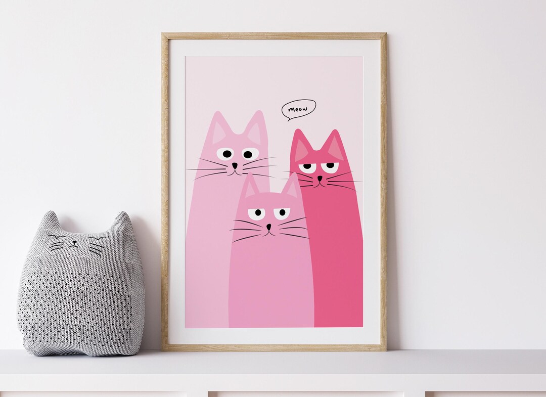 Cute Cat Poster, Cat Wall Art, Pink Wall Art, Printable Poster, Pink ...