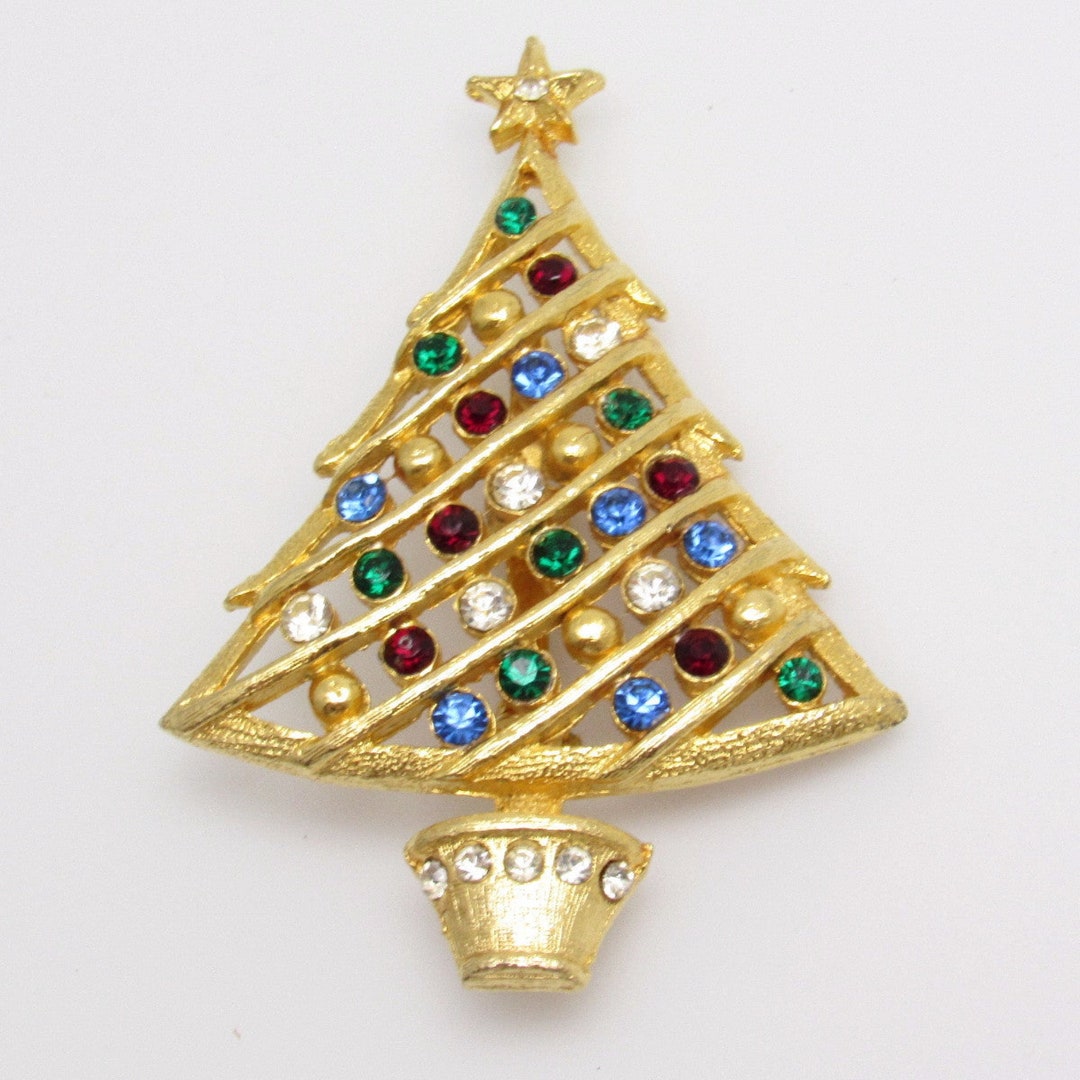 Vintage Rhinestone Christmas Tree Brooch, Holiday Jewelry, Christmas ...