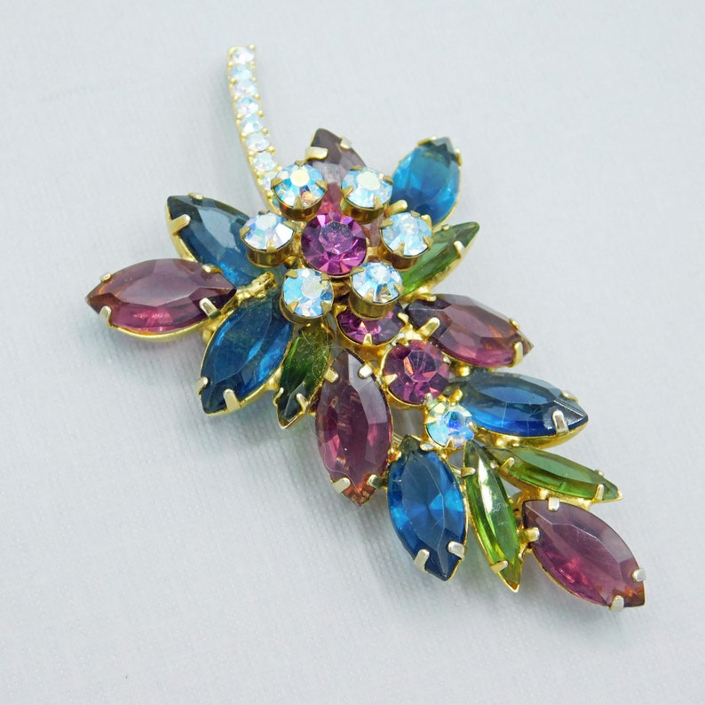 Vintage Rhinestone Brooch Rhinestone Leaf Mid Century Etsy