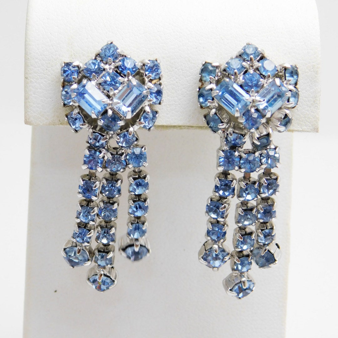 Long Rhinestone Earrings Blue Fringe Earrings Vintage Jewelry - Etsy