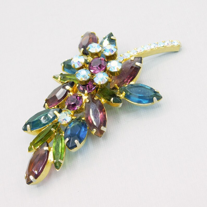 Vintage Rhinestone Brooch Rhinestone Leaf Mid Century Etsy