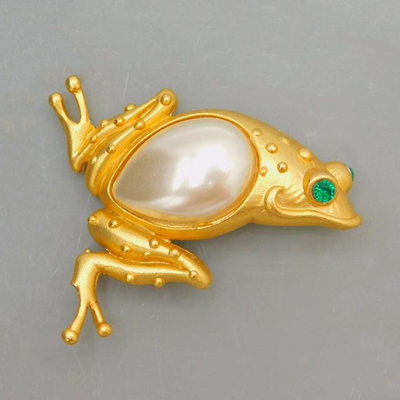 Big Vintage JJ Frog Brooch Pearl and Rhinestones - Gem
