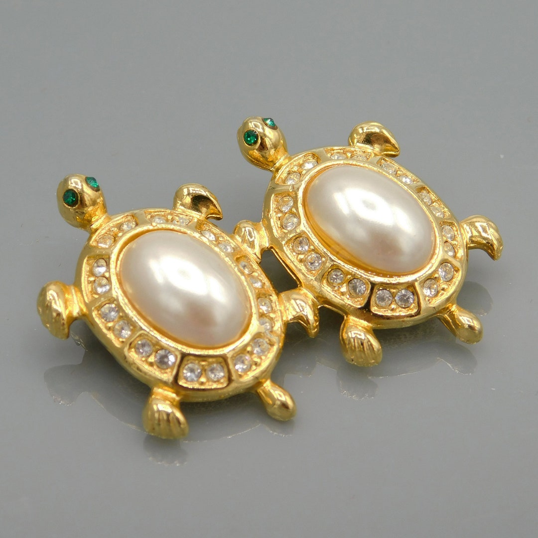 Rhinestone Turtle Brooch: Faux Pearl Cabochon Shell, Gold Tone - Etsy