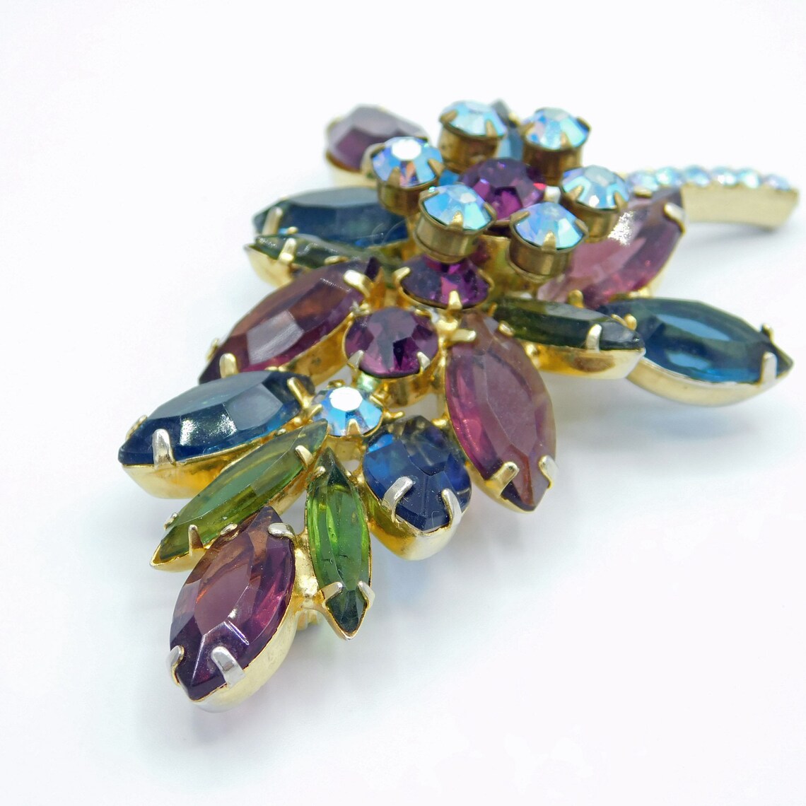 Vintage Rhinestone Brooch Rhinestone Leaf Mid Century Etsy