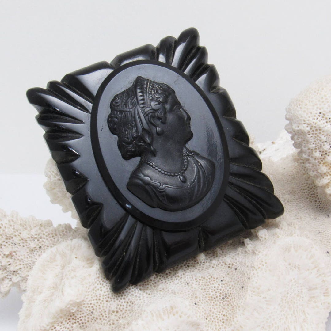 Large Black Bakelite Brooch, Carved Bakelite Cameo, Unique Cameo Brooch ...