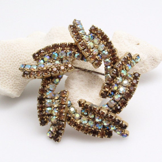 Vintage Kramer Wreath Brooch, AB and Amber Rhinestone… - Gem