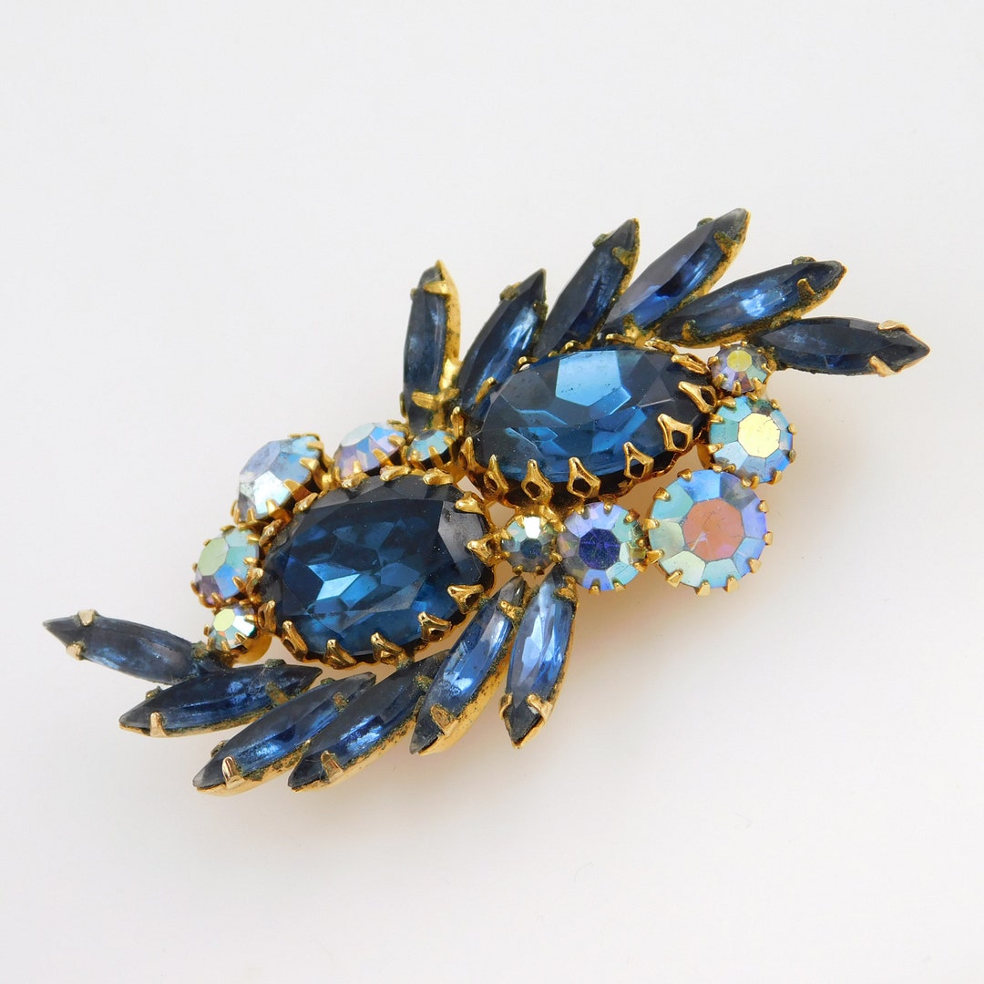 Vintage Blue Rhinestone Brooch, Vintage Rhinestone Jewelry, Mid-century ...