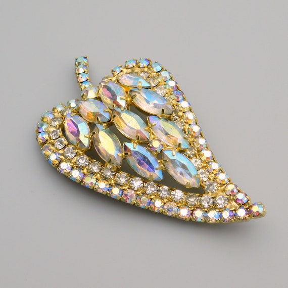 Big Stylized Rhinestone Leaf Brooch Vintage Ab Rhine… Gem