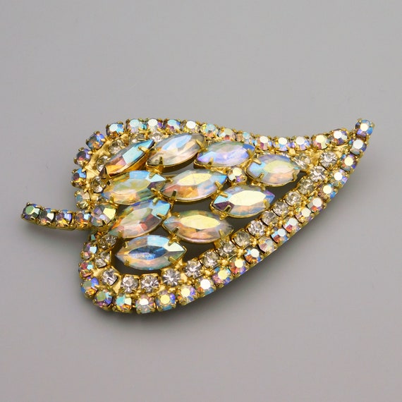 Big Stylized Rhinestone Leaf Brooch Vintage Ab Rhine… Gem