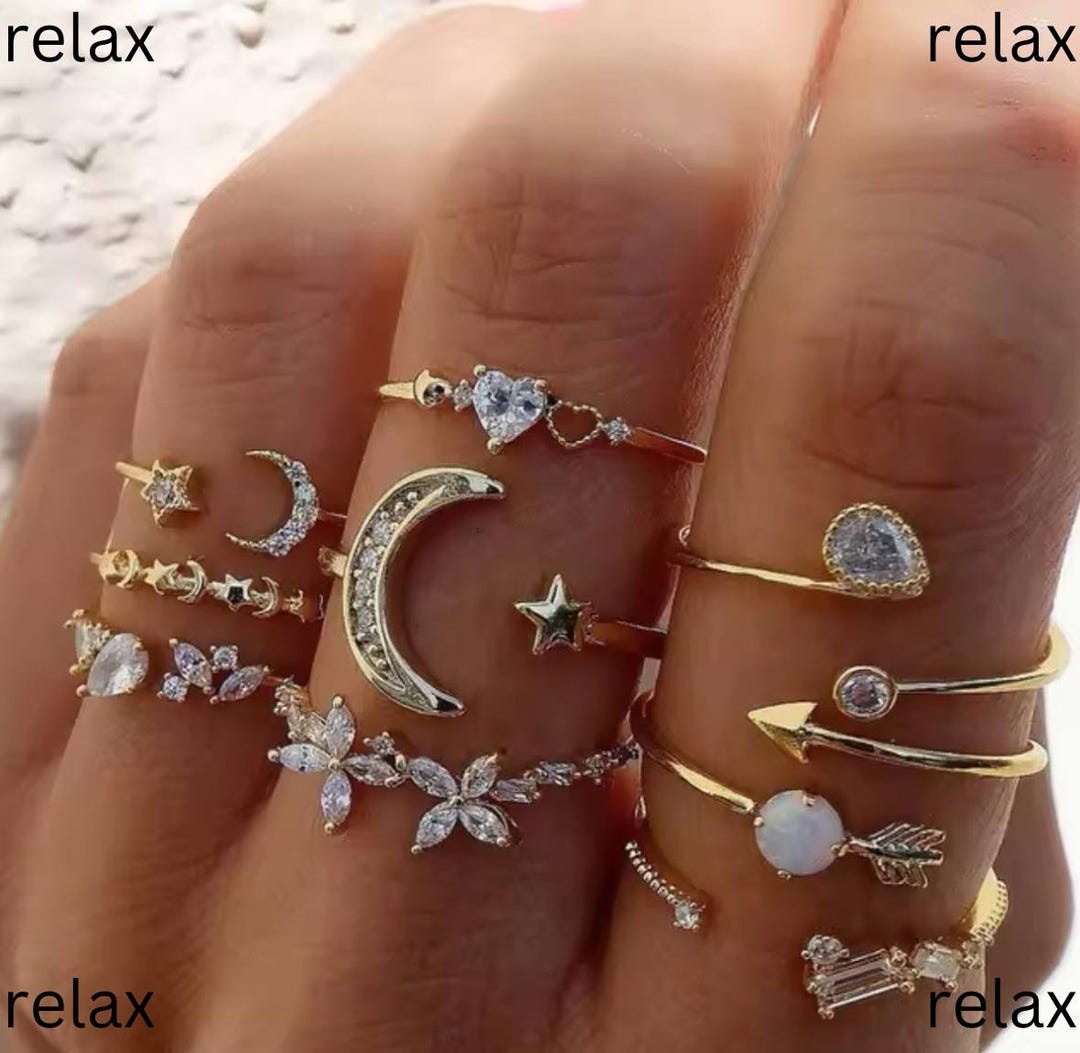 Modyle Boho Gold Heart Ring Set for Women Cubic Zirconia Stars, Moons ...