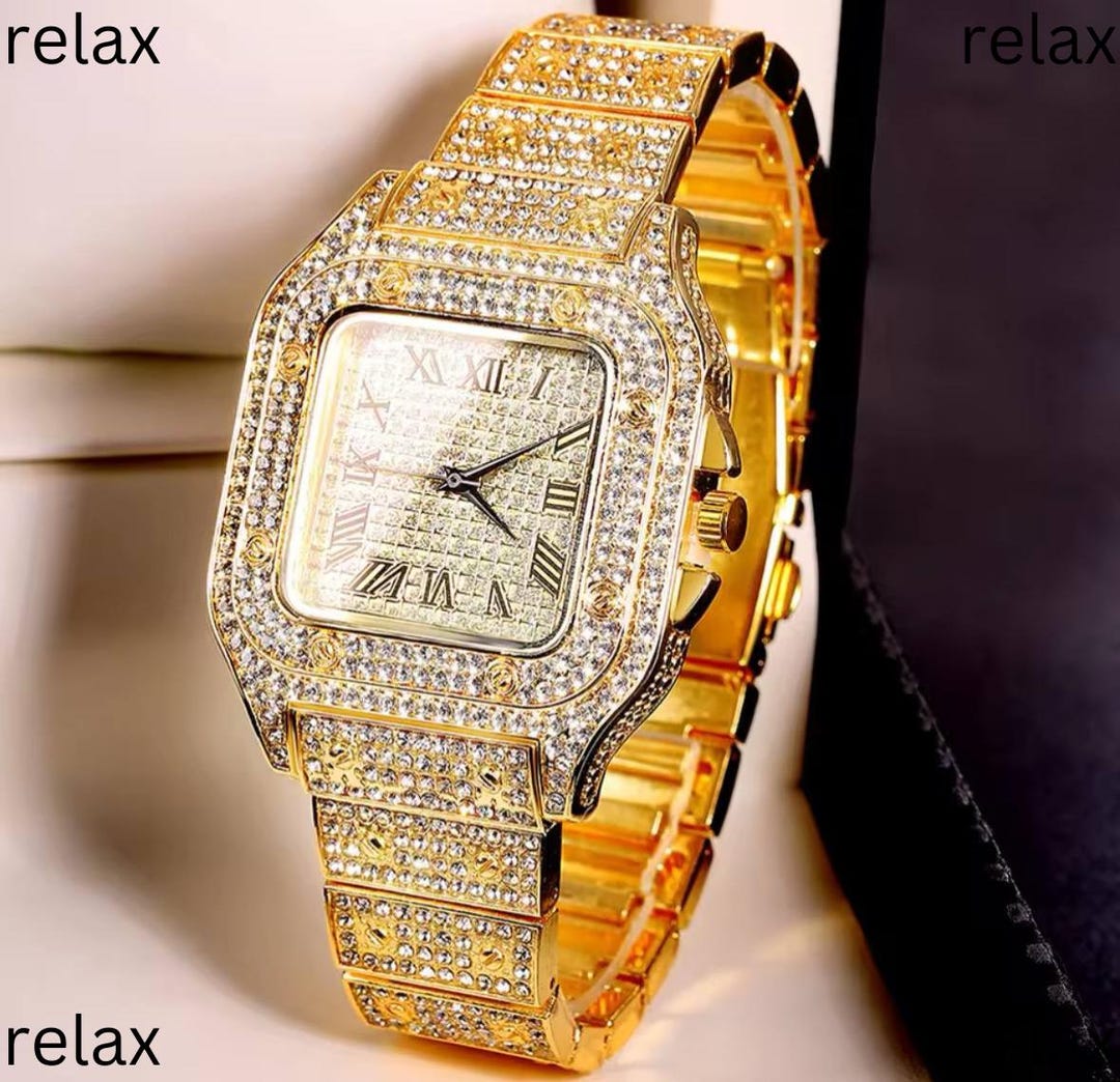 Gold Cuban Chain Watch for Men Iced Out Rhinestone Hip Hop Necklace ...