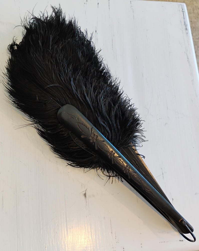 Pristine Black Ostrich Feather Victorian Hand Fan - Etsy