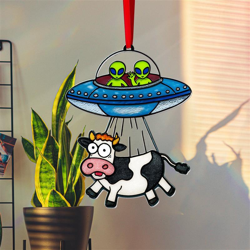 UFO Cow Abduction Ornament Funny Alien Suncatcher Farmhouse Barn UFO Cow Abduction Ornament Funny Alien Suncatcher Farmhouse Barn