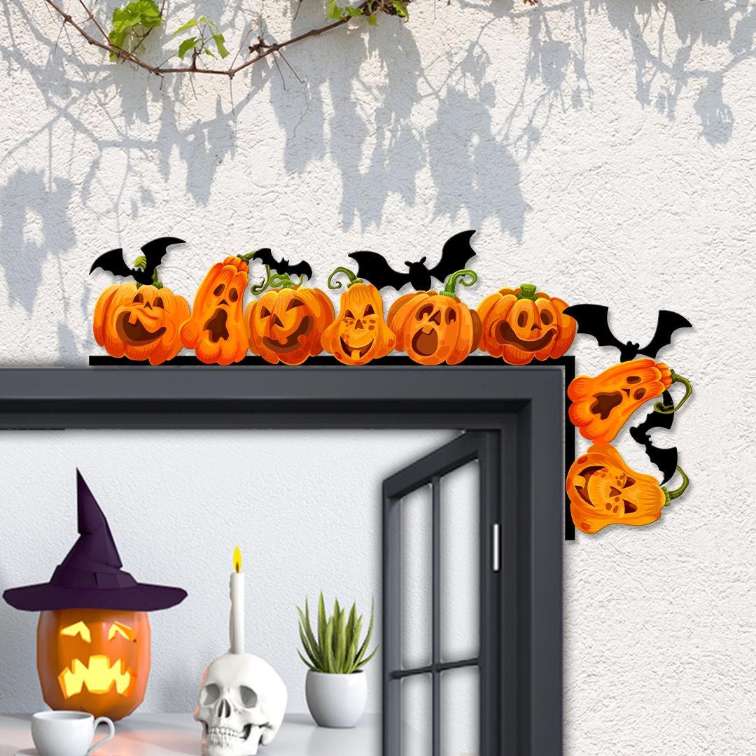 Halloween Wooden Door Corner Sign, Pumpkins and Bats, Pumpkin Door ...