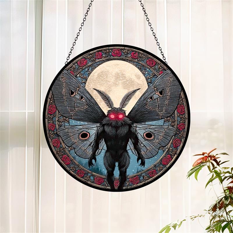 Mothman Glass Suncatcher, Gothic Halloween Window Hanging, Creepy ...