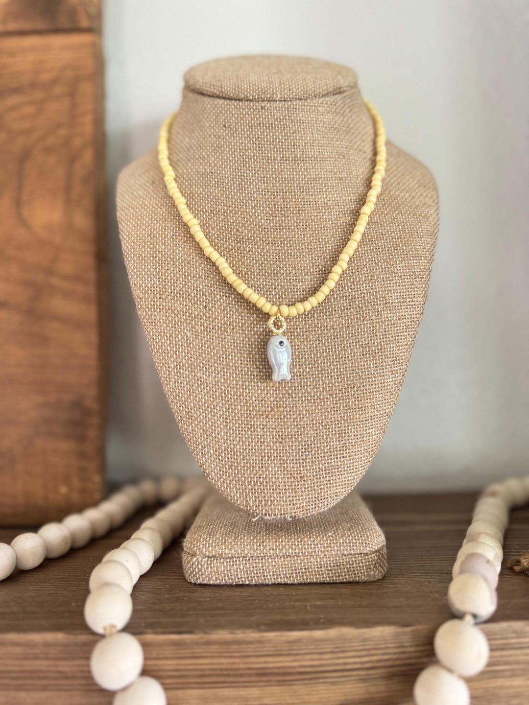 The Lure Necklace – Butter Yellow Glass Bead Necklace With Grey Fish ...
