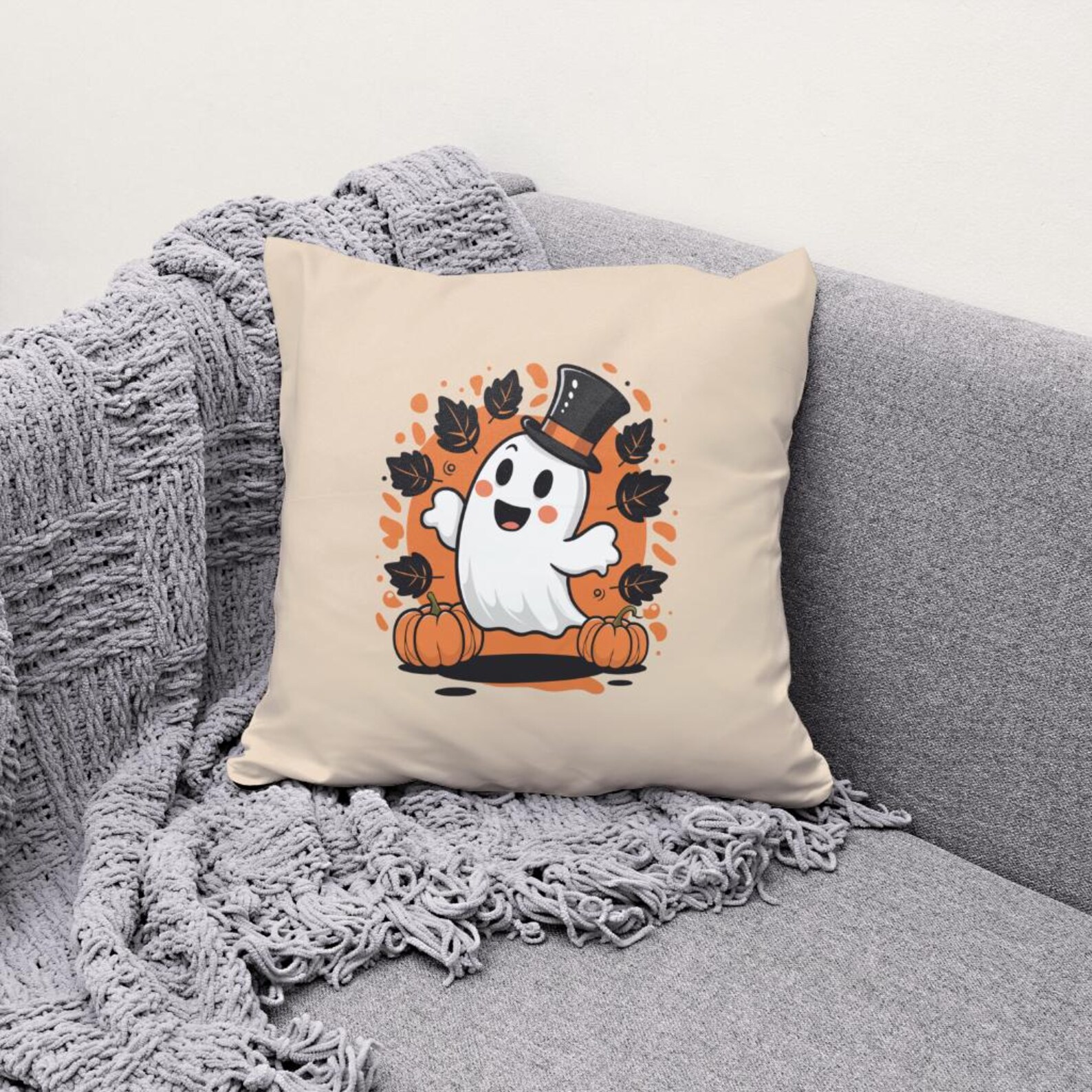 Cute Ghost Halloween With Leaves and Pumpkins, Decoration, Home Decor ...