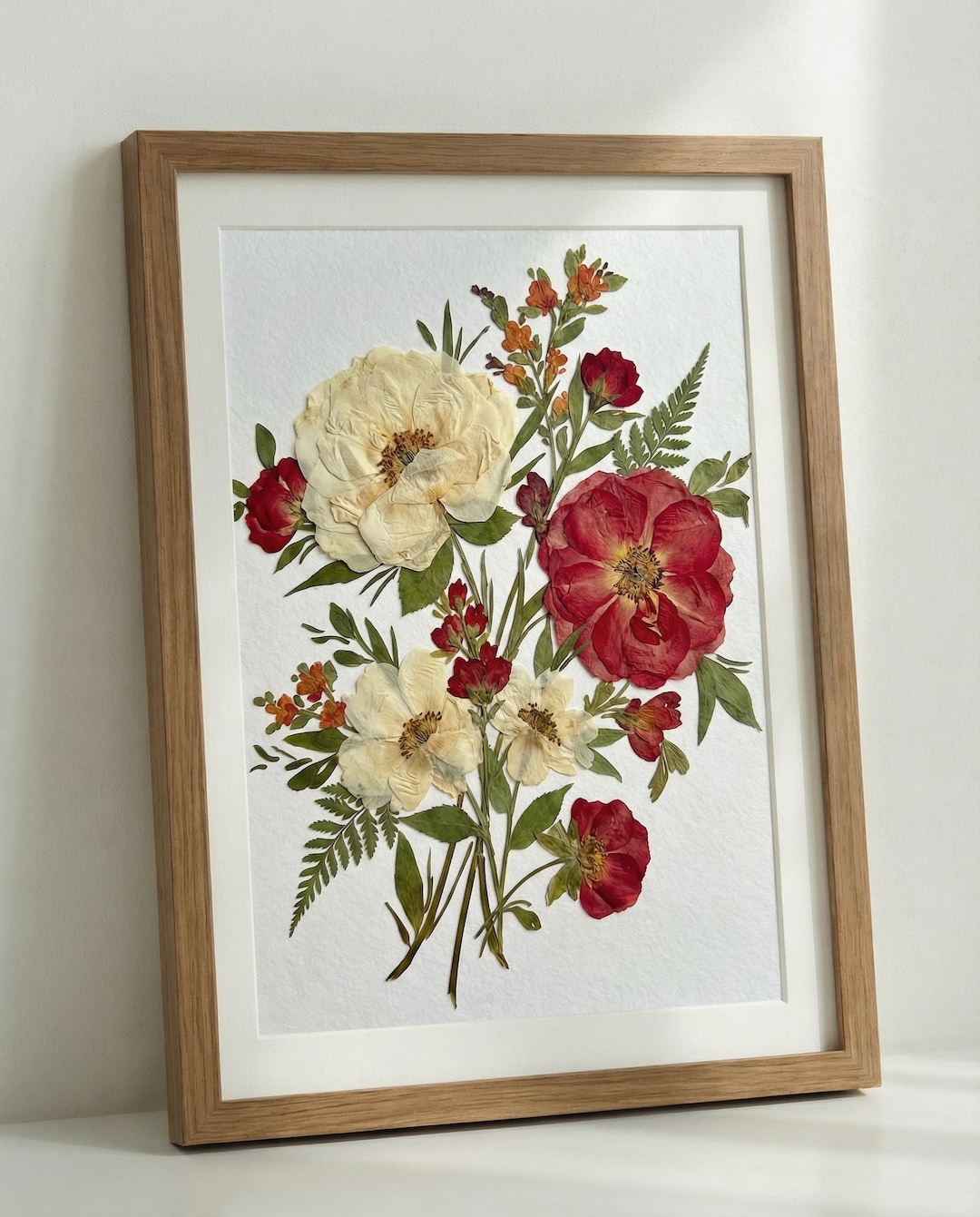 Real Pressed Red Rose Art, Framed White & Red Dried Flower Bouquet ...