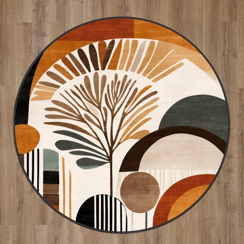 Mid Century Boho Round Rug, Stylish Contemporary Abstract Round Rug ...