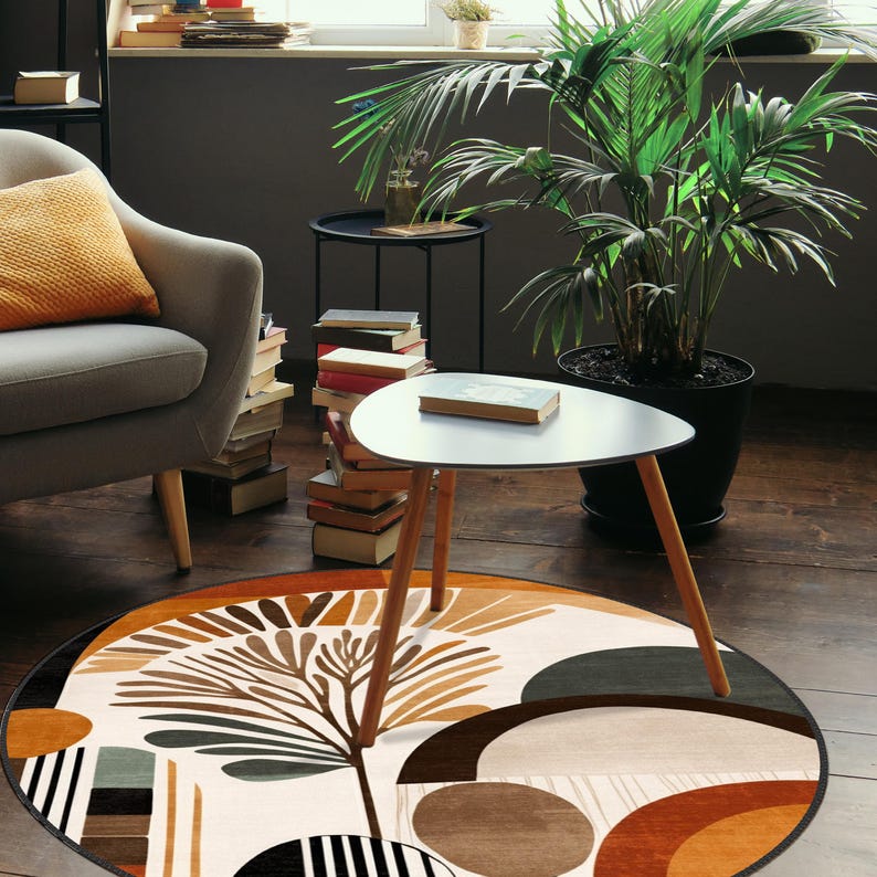Mid Century Boho Round Rug, Stylish Contemporary Abstract Round Rug ...
