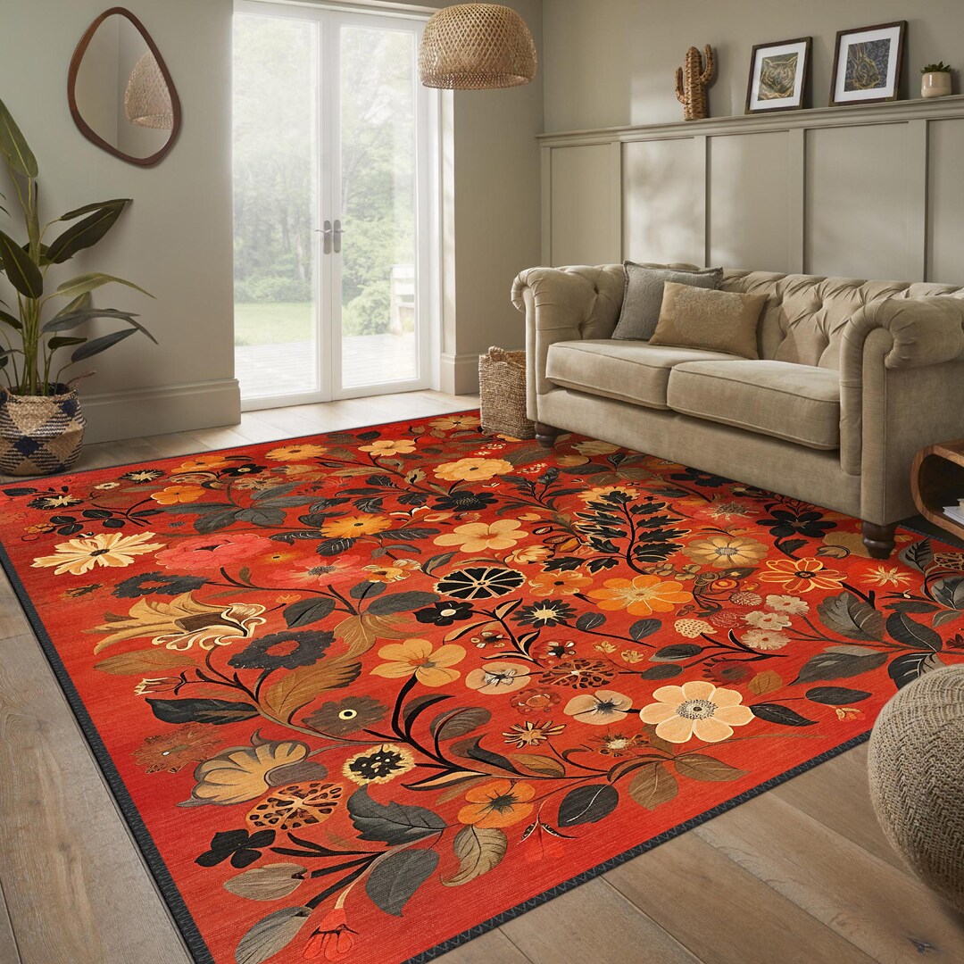 Colorful Floral Rug, Nature-inspired Decorative Rug, Washable Non-slip ...