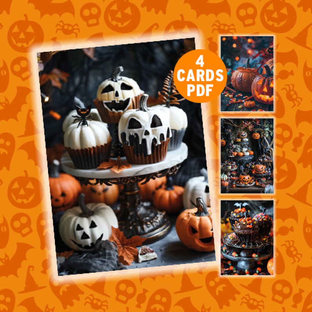 Spooky Printable Halloween Cards Set of 4, Instant Download - Etsy