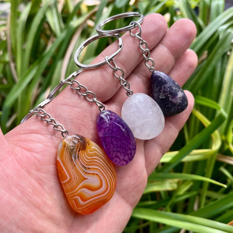 4 Pieces! Natural Gemstone Keychain Set - Quartz, Orange Agate, Purple ...