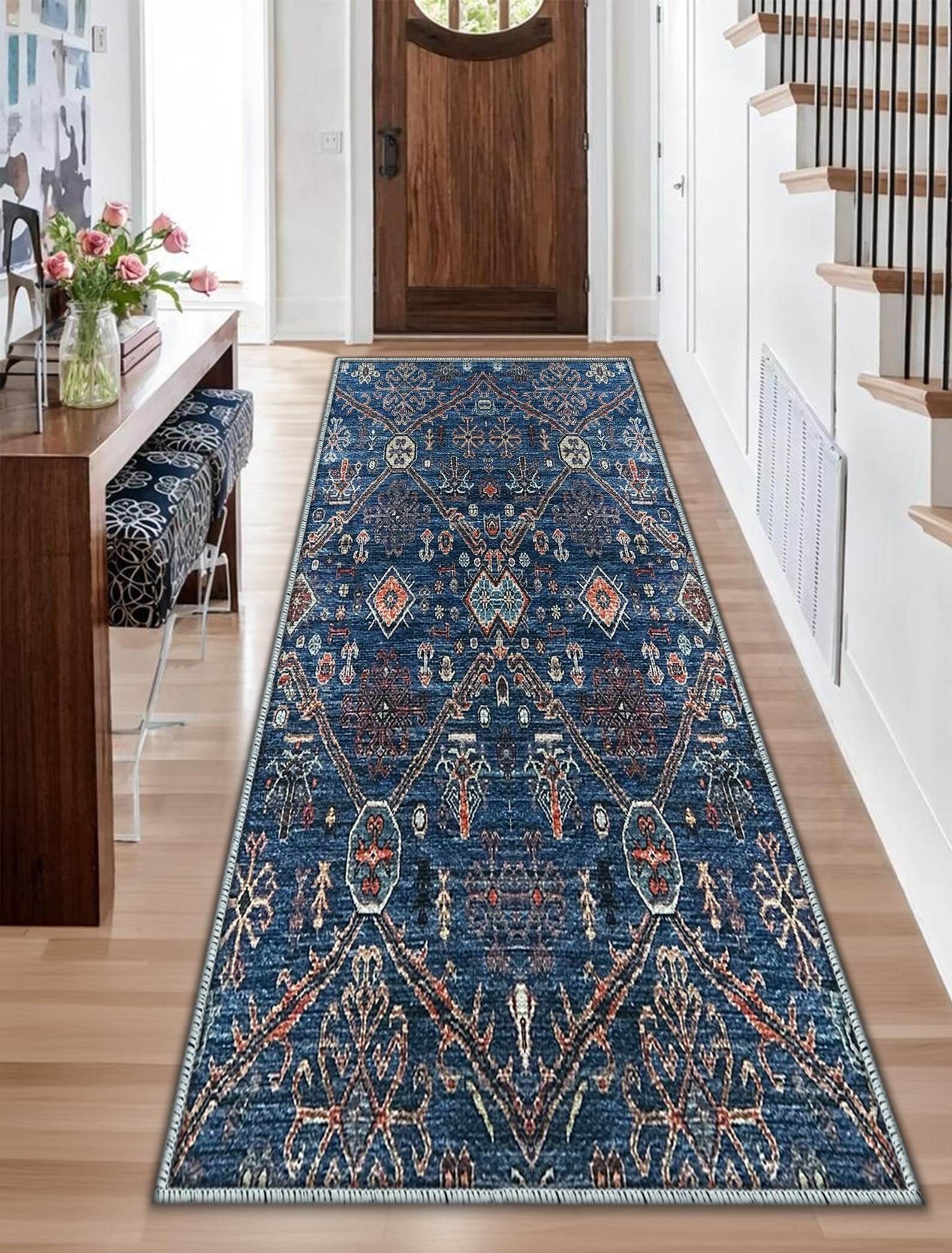 Authentic Custom Size Stair Rug - Blue Stair Runner Rug - Washable ...