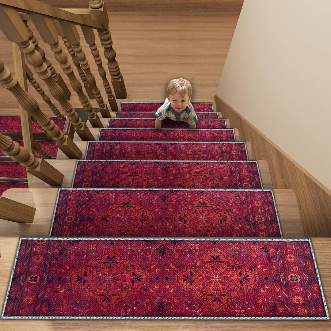 Custom Size Red Floral Stair Mats - Geometric Flowers Rug for Stair ...