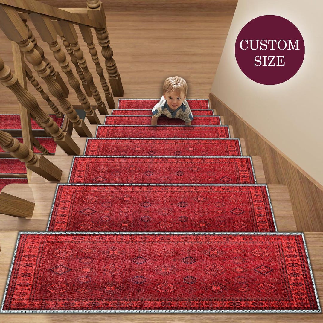 Custom Size Red Stair Runner Carpet - Modern Dark Red Stair Treads ...