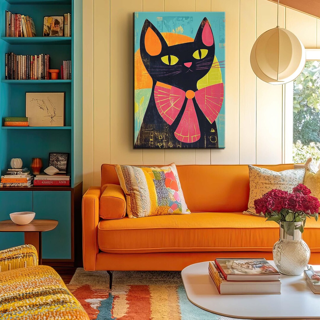 Retro Cat Art - Gallery Wrapped Canvas Print Ready to Hang - Colorful ...