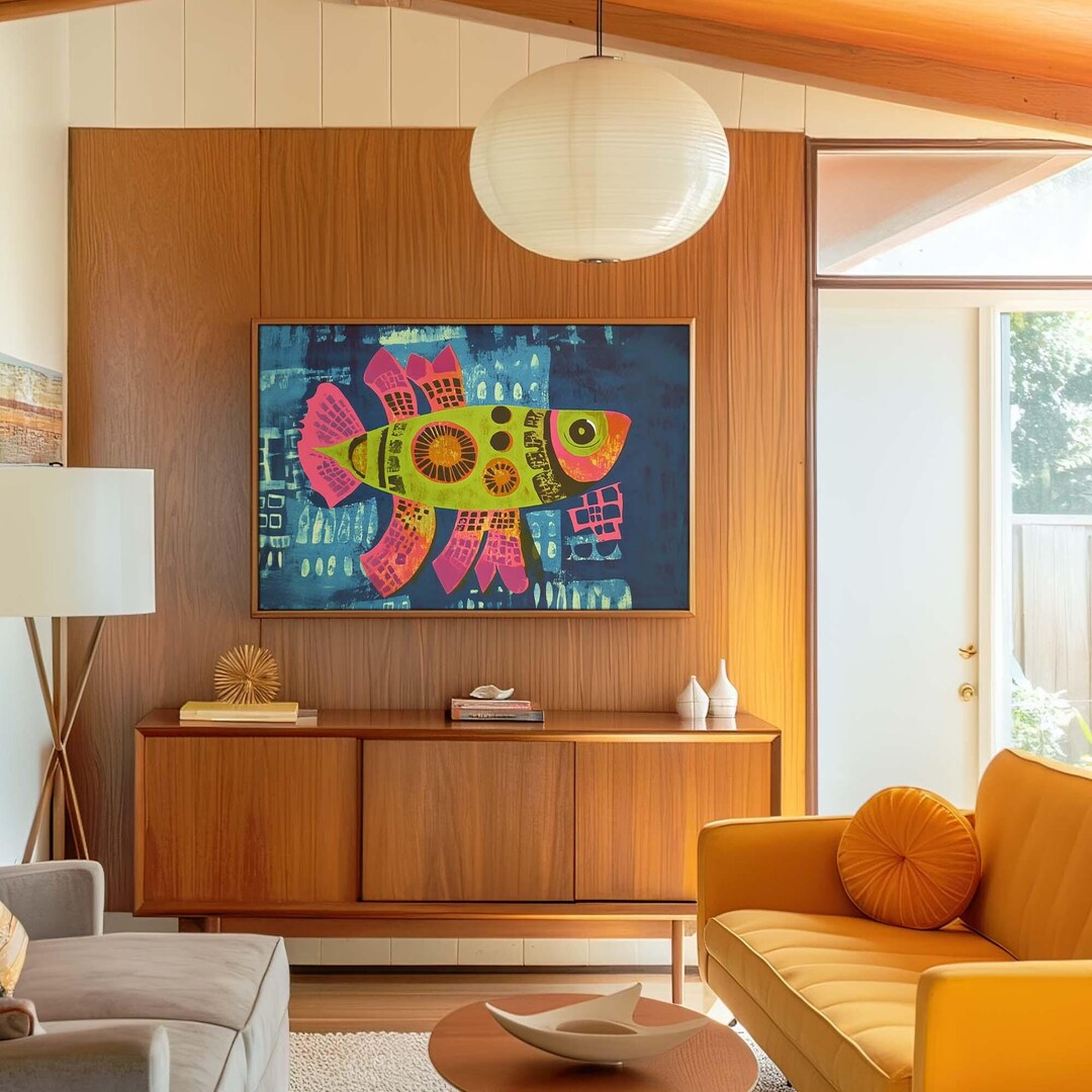 Mid Century Modern MCM Decor - Vibrant Colored Abstract Fish Unframed ...