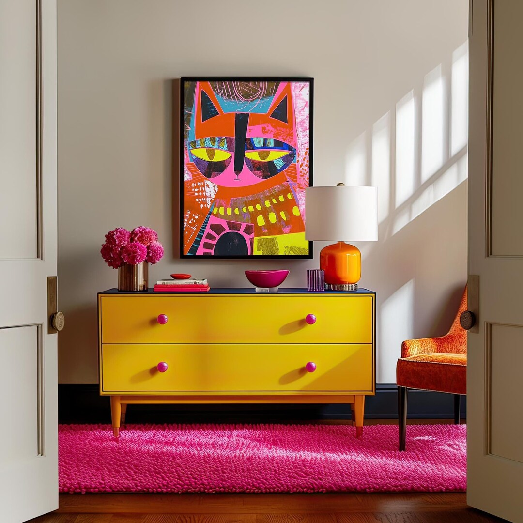Mid Century Modern Cat Art - Unframed Print - Colorful Retro Maximalist ...