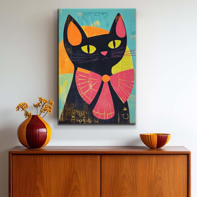 Retro Cat Art - Gallery Wrapped Canvas Print Ready to Hang - Colorful ...