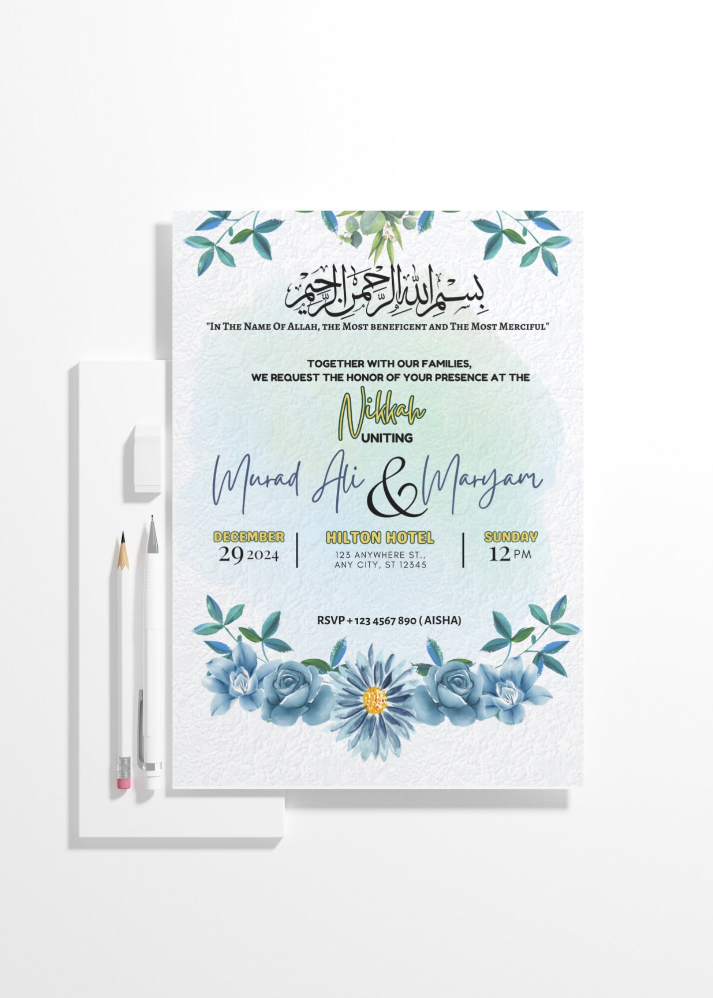 Editable Printable Wedding Card Blue Green Theme Islamic Nikkah Wedding ...
