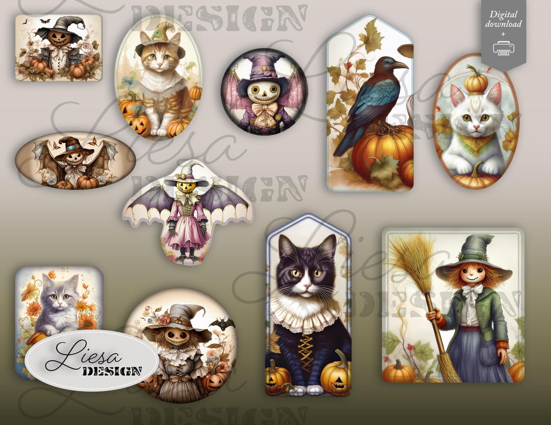 Vintage Halloween Clip Art Digital Download, Cats, Scarecrow, Printable ...