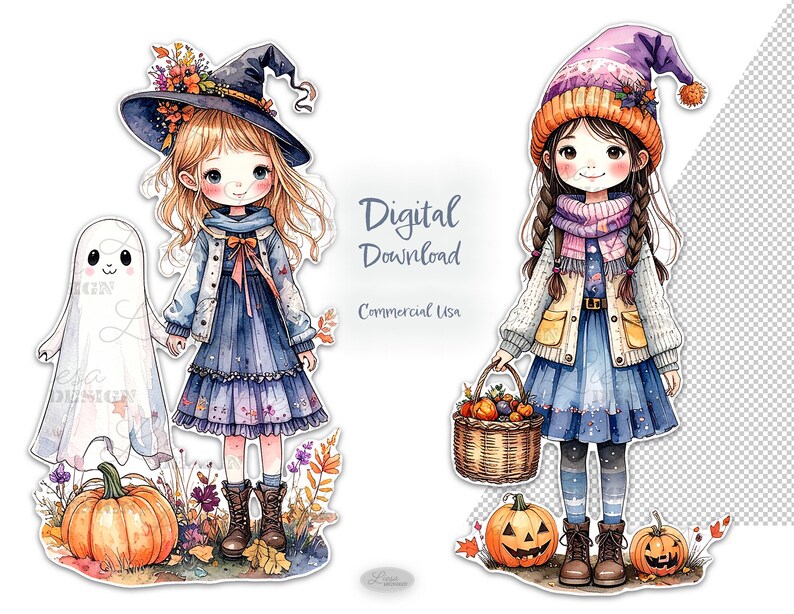 Watercolor Halloween Girl Clipart: Costume Pngs for Junk Journals ...