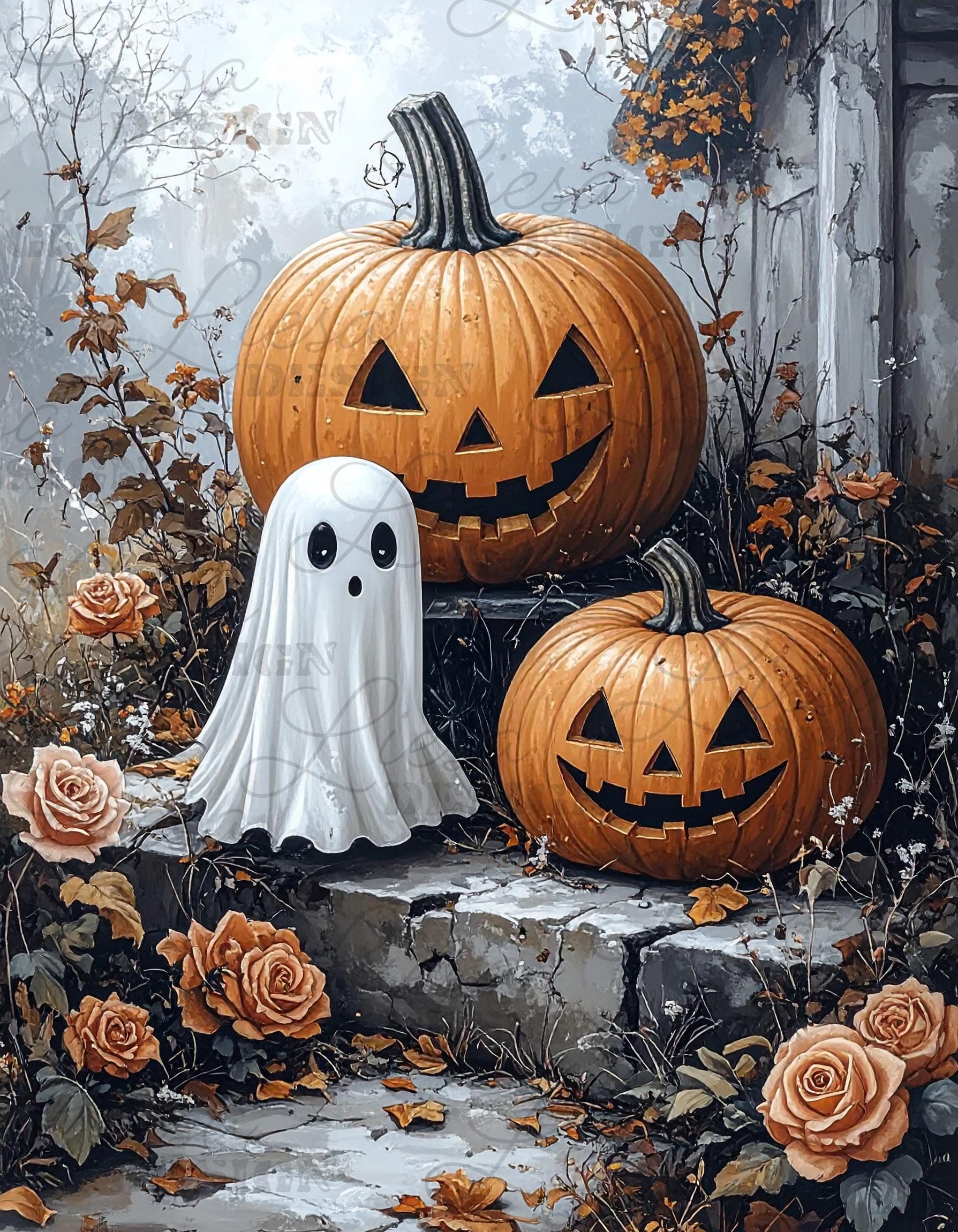Watercolor Halloween Clipart: Ghosts, Roses, Pumpkins (PNG Digital ...