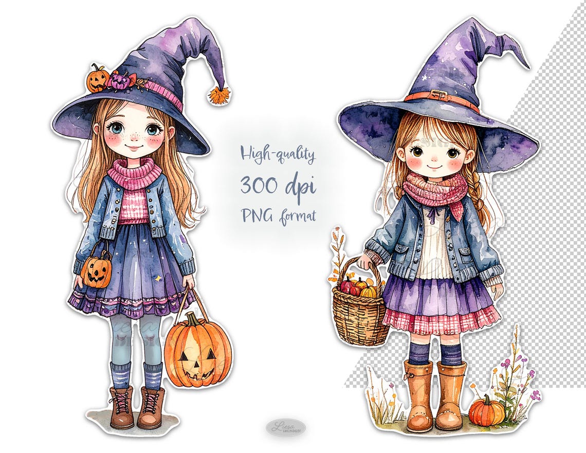 Watercolor Halloween Girl Clipart: Costume Pngs for Junk Journals ...