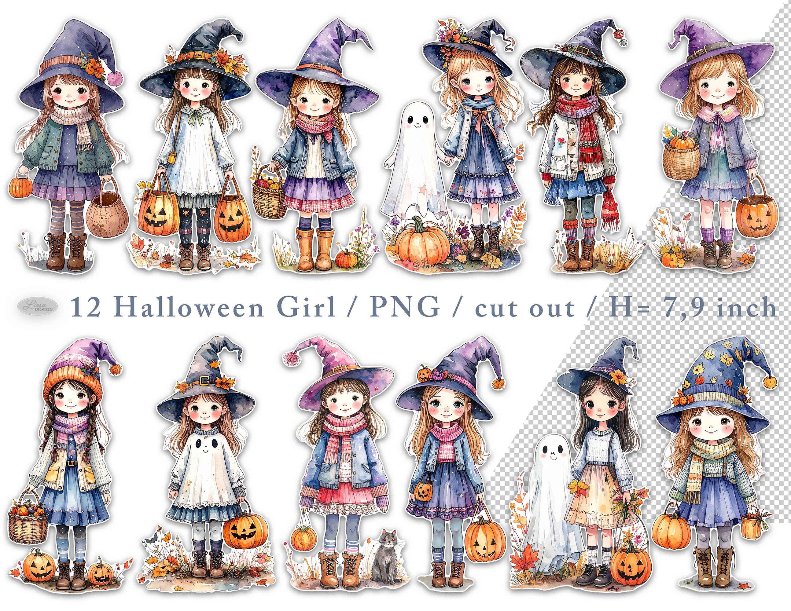 Watercolor Halloween Girl Clipart: Costume Pngs for Junk Journals ...
