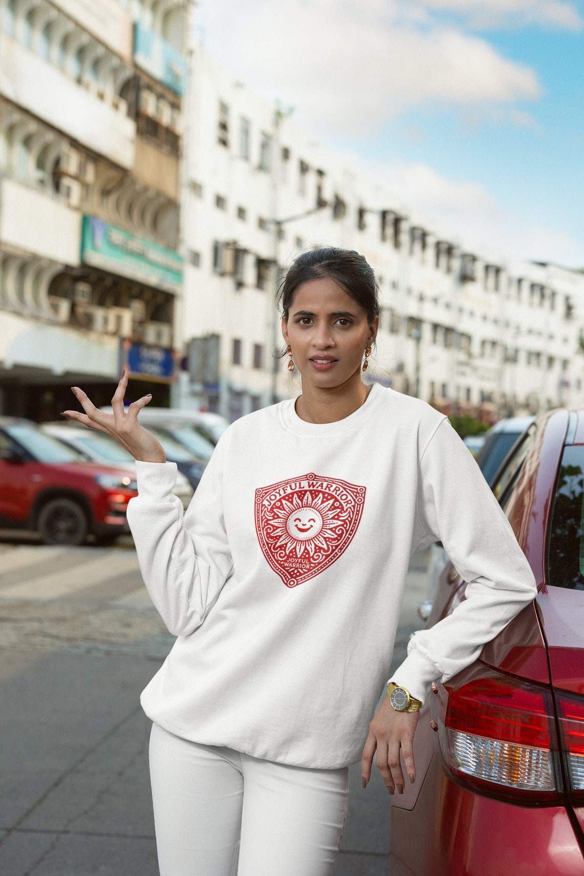 Joyful Warrior RED Shield Sweatshirt Joyful Sun Graphic for Women ...