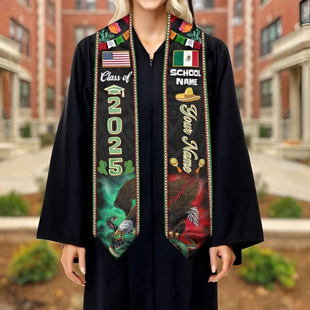 Personalized Mexican Graduation Stole, Mexican American Flag Graduation ...