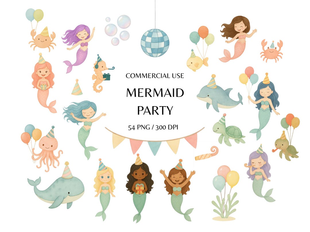 54 Watercolor Mermaid Birthday Party Clipart Pastel Cute Mermaid Ocean ...