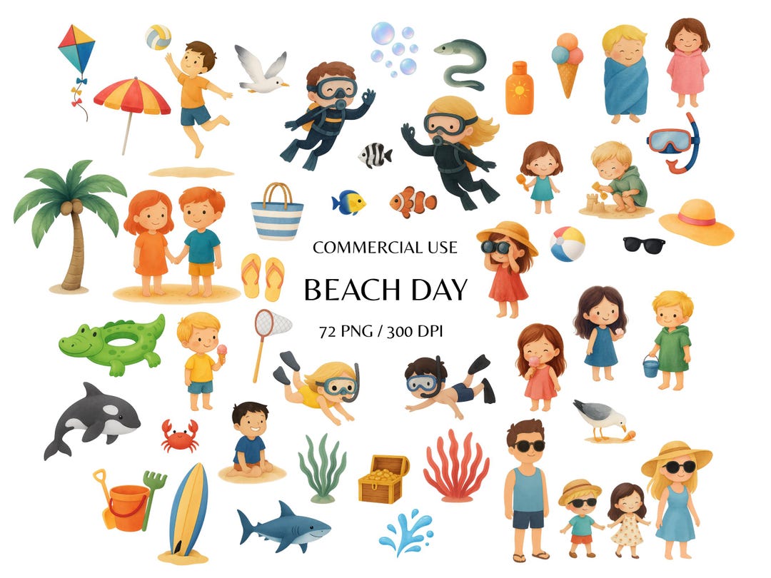 72 Watercolor Beach Day Clipart, Summer Fun, Vacation Vibe, Ocean Lover ...
