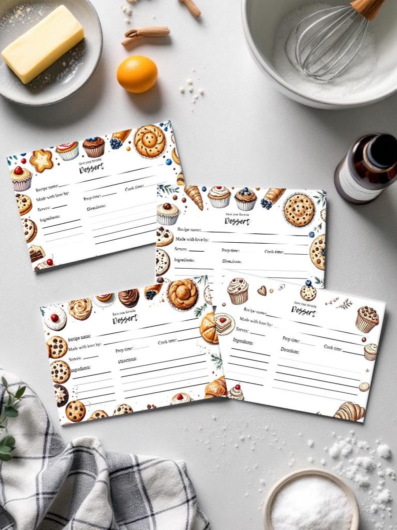 Printable Dessert Recipe Cards, 5 Editable Recipe Templates, Baking ...