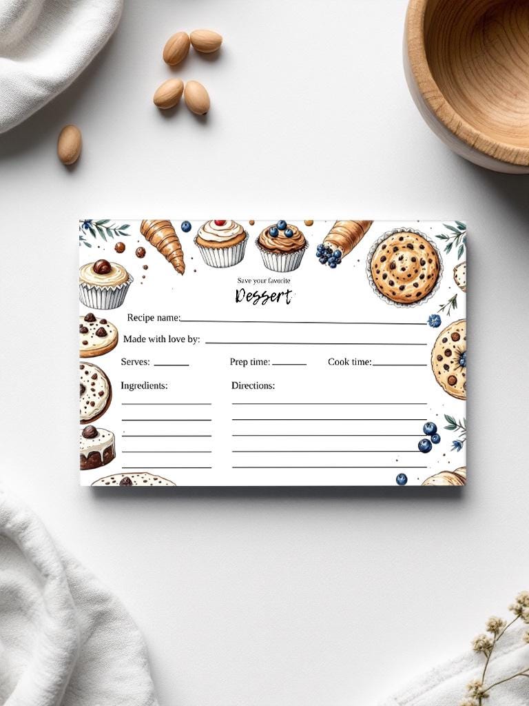 Printable Dessert Recipe Cards, 5 Editable Recipe Templates, Baking ...