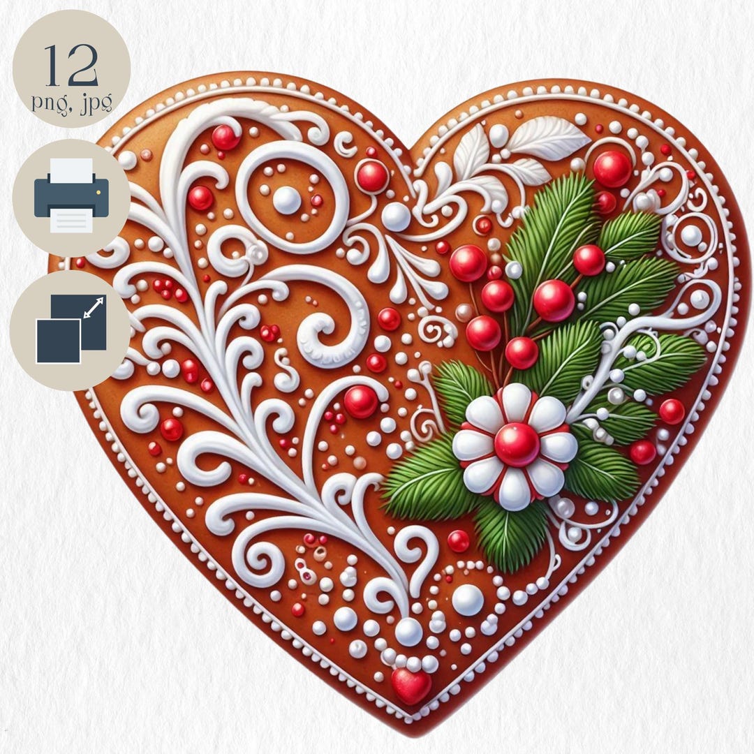 Christmas Gingerbread Heart Clipart Kit. 12 High Quality PNG, JPG ...