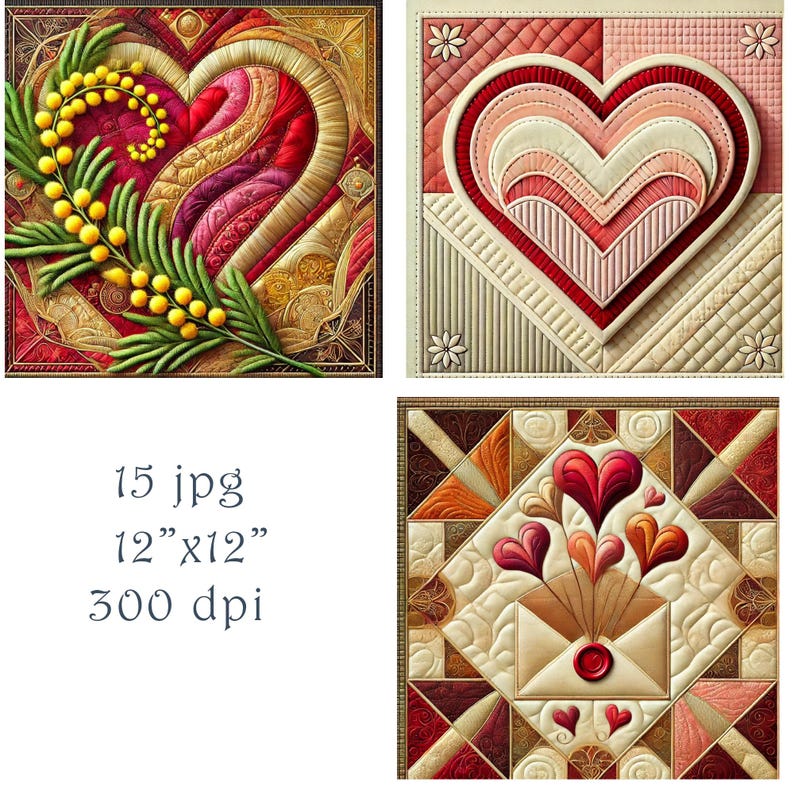 Heart Patchwork Quilt Art Clipart Set. Romantic Valentine's Day Heart ...